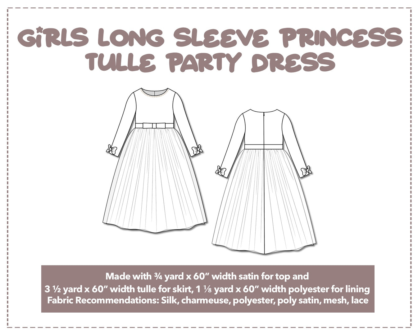 Girls Long Sleeve Princess Tulle Party Dress Sewing Pattern – Patterns ...