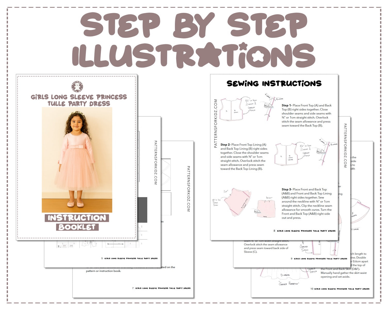 Girls Long Sleeve Princess Tulle Party Dress Sewing Pattern – Patterns ...