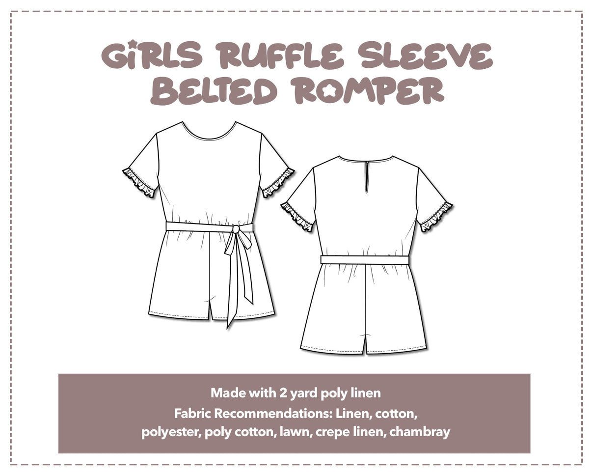 Girls Ruffle Sleeve Belted Romper Sewing Pattern – Patterns For Less