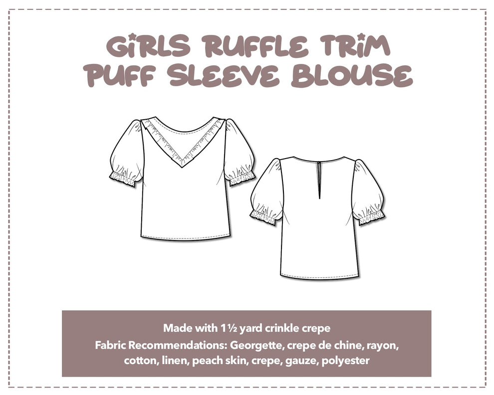 Girls Ruffle Trim Puff Sleeve Blouse Sewing Pattern – Patterns For Less