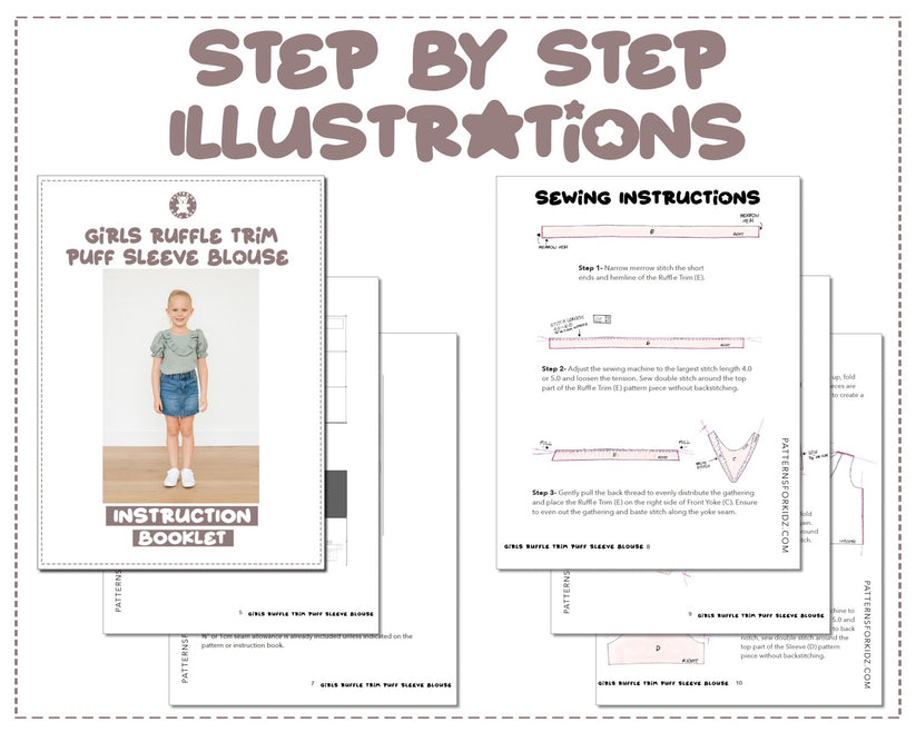 Girls Ruffle Trim Puff Sleeve Blouse Sewing Pattern – Patterns For Less