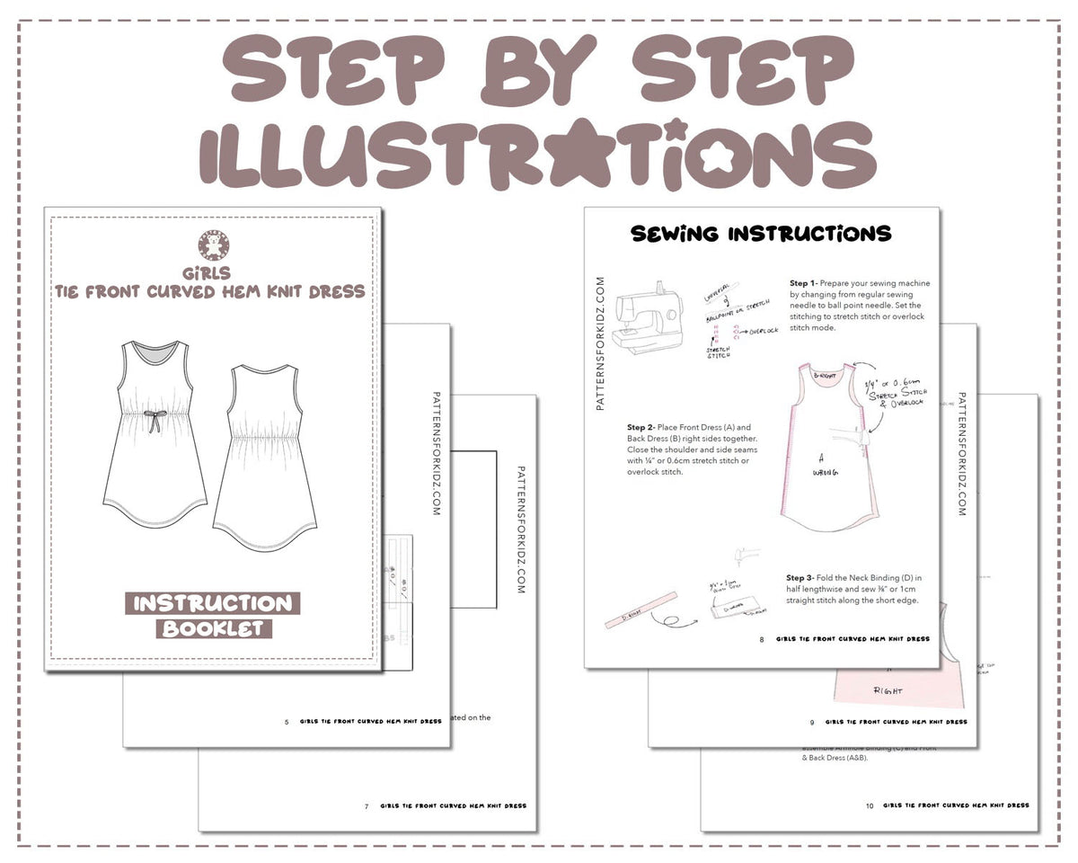 Girls Tie Front Curved Hem Knit Dress Sewing Pattern – Patterns For Less